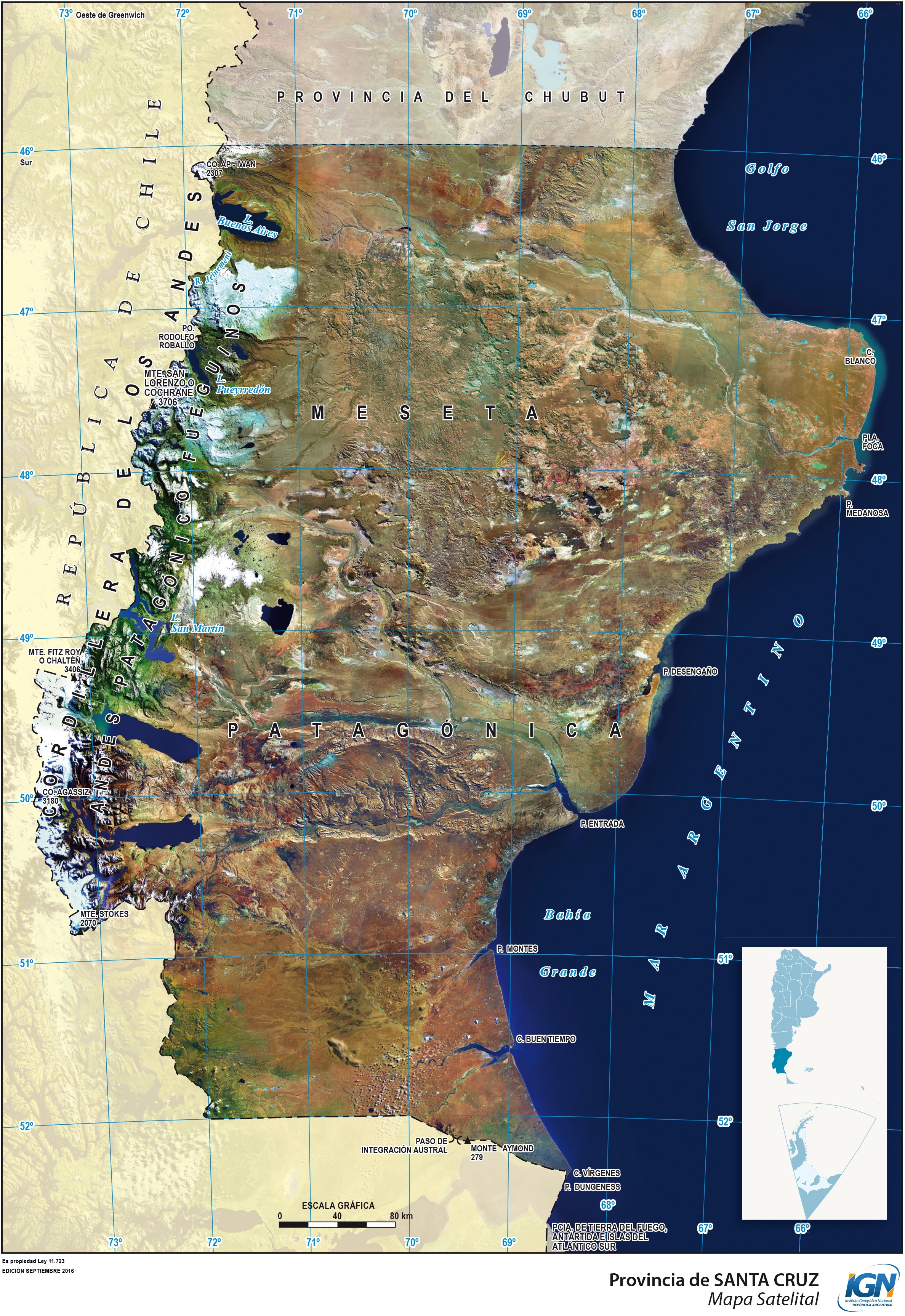 Mapa satelital de la Provincia de Santa Cruz, Argentina | STESA