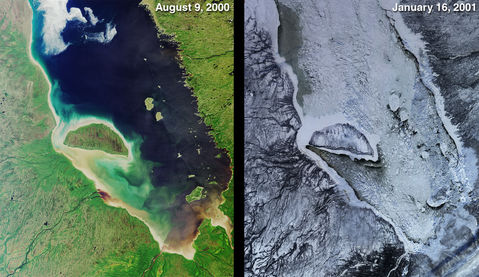 Satellite Image, Photo of Green Summer and Icy Winter in James Bay ...
