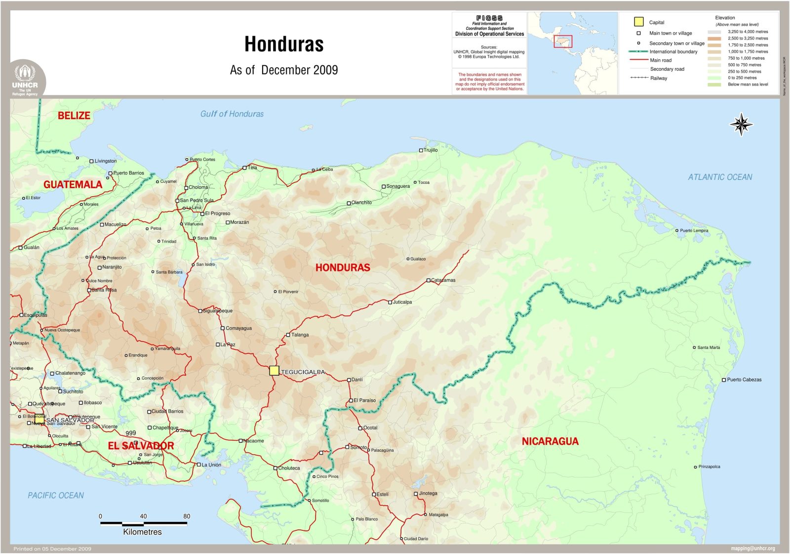 Mapa físico de Honduras - Galería de mapas