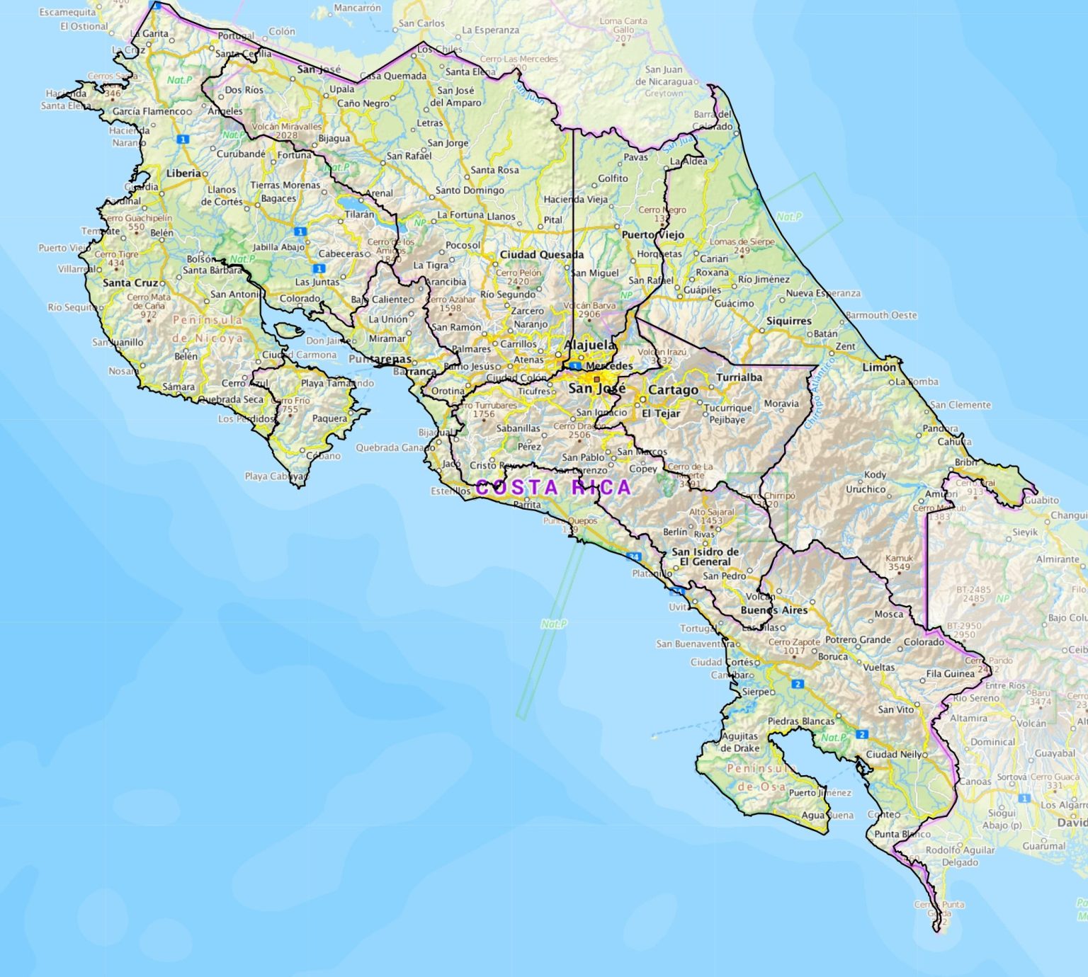 Mapa físico de Costa Rica - Galería de mapas