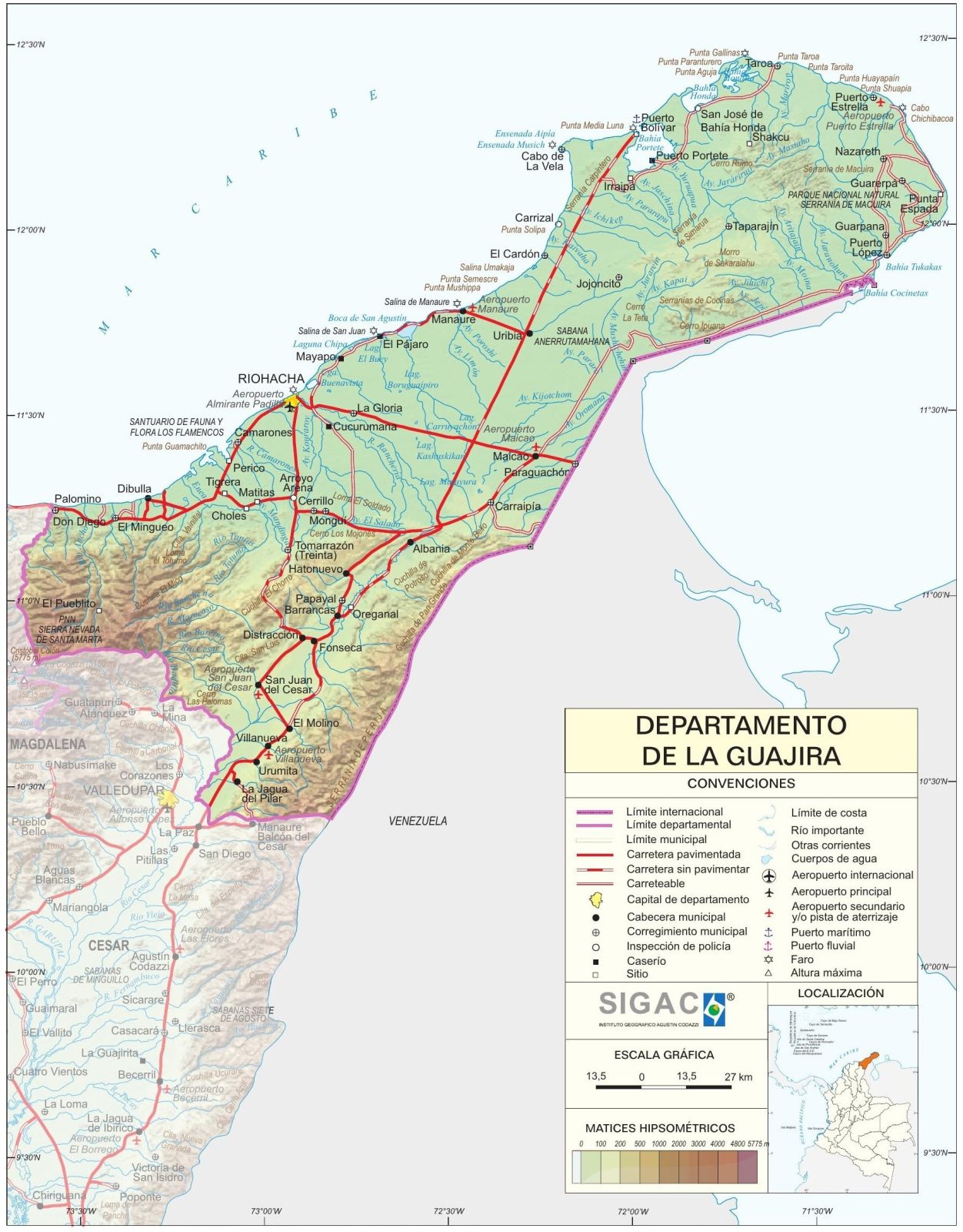 Mapa físico del departamento de La Guajira - Galería de mapas