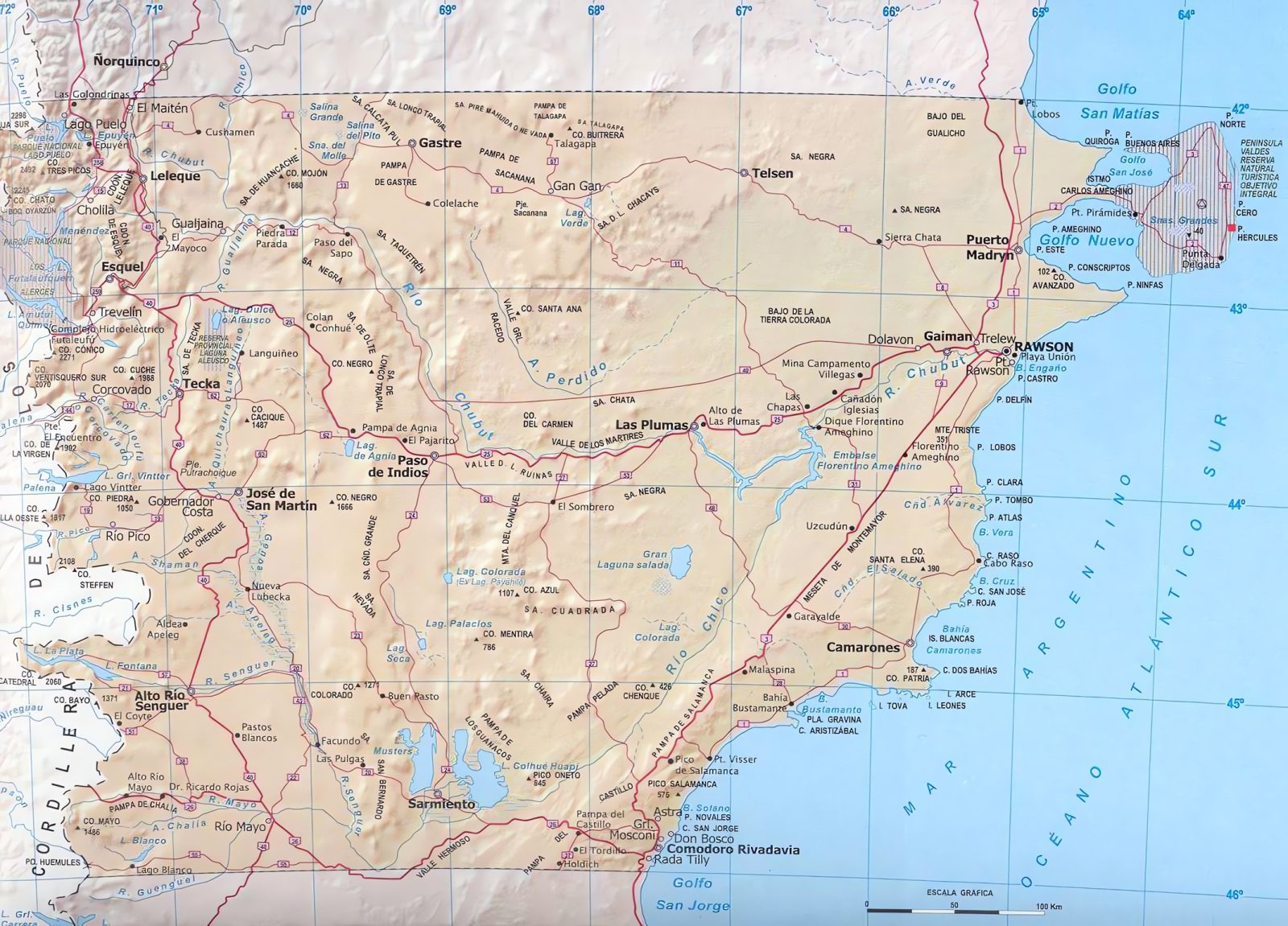 Mapa físico de la provincia del Chubut - Galería de mapas